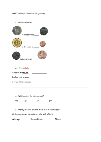 Year 1 Money worksheets maths mastery questions | Teaching Resources