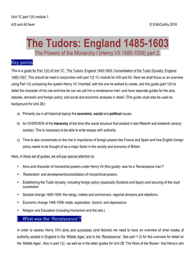 History A/S and A level History Unit 1C The Tudors:Consolidation of the ...