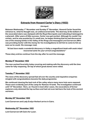 Howard Carter's Diary - The Discovery of Tutankhamun's Tomb | Teaching ...