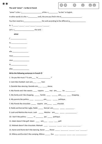 Work on the verb "aimer" conjugated in the present tense. | Teaching ...