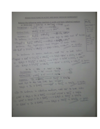 REDOX REACTION IN ACIDIC MEDIUM WORKSHEET AND ANSWER | Teaching Resources