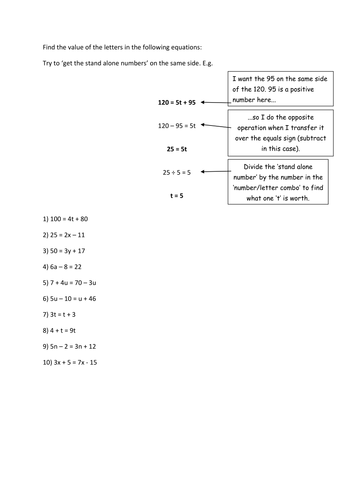Algebra Worksheet (Linear equations) and 'Steps to Success' success ...