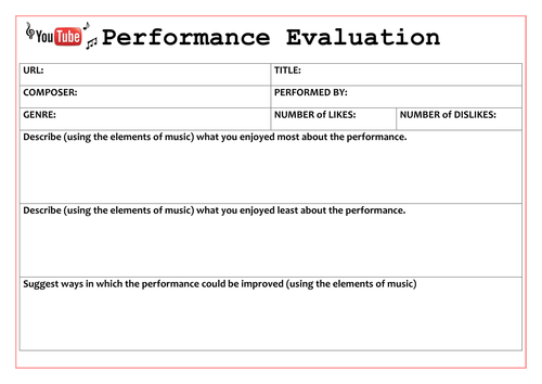 MUSIC: Performance Evaluation and Analysis Sheets | Teaching Resources