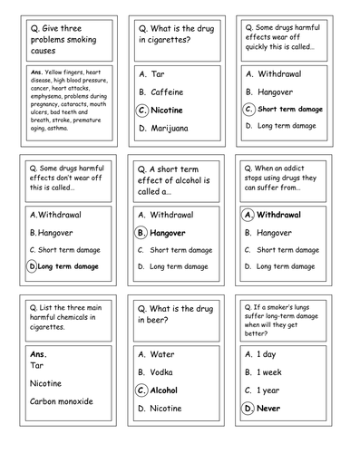 Smoking, Drugs and Alcohol Question Cards for Science Revision Board ...