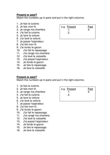 French starter activity on household chores present and past | Teaching ...