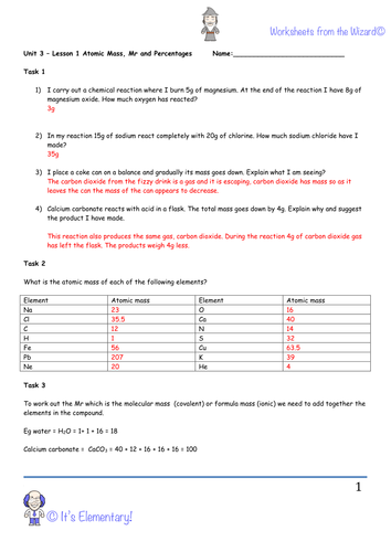 AQA GCSE unit 3 chemistry worksheet - atomic mass, Mr and percentages ...
