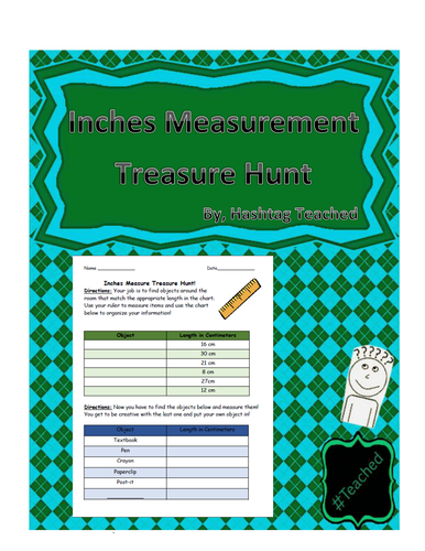 Inches Measurement Treasure Hunt Worksheet Activity | Teaching Resources