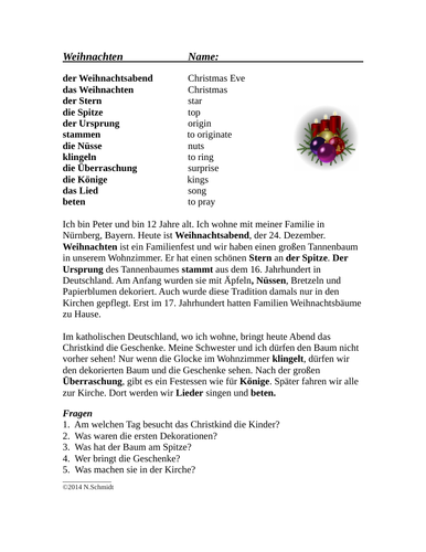 Weihnachten ~ German Christmas Reading + Worksheet | Teaching Resources