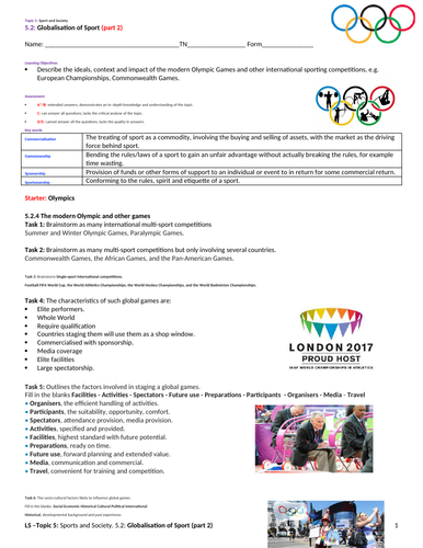 A-level PE EDEXCEL (Spec 2016) 5.2: Globalisation of sport (P2 ...