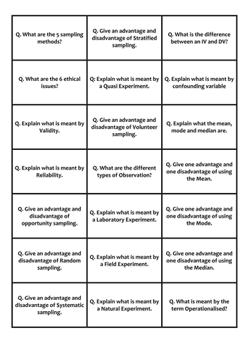 RESEARCH METHODS revision cards (year 1) | Teaching Resources