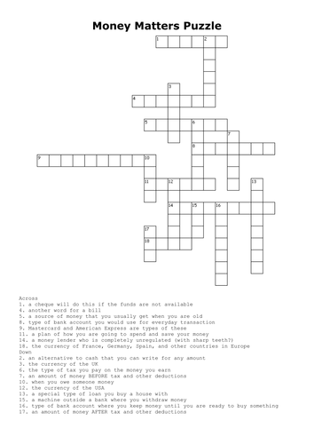 Money Matters Puzzle | Teaching Resources