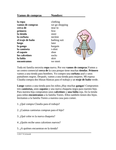 Comprando la ropa Lectura ~ Clothes Shopping Spanish Beginner Reading ...