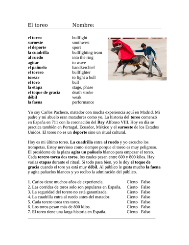 El Toreo Lectura ~ Spanish Reading on Bullfighting | Teaching Resources