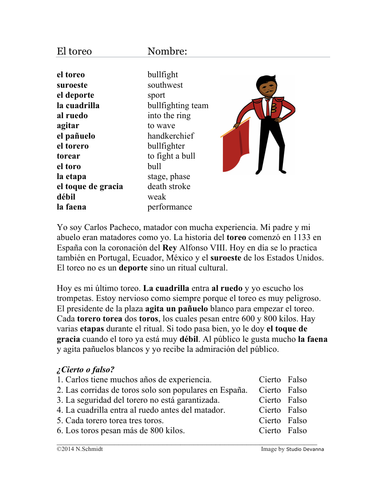 El Toreo Lectura ~ Spanish Reading on Bullfighting | Teaching Resources