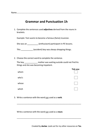 Grammar and Punctuation Mini-Tests 1 | Teaching Resources