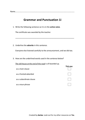 Grammar and Punctuation Mini-Tests 1 | Teaching Resources