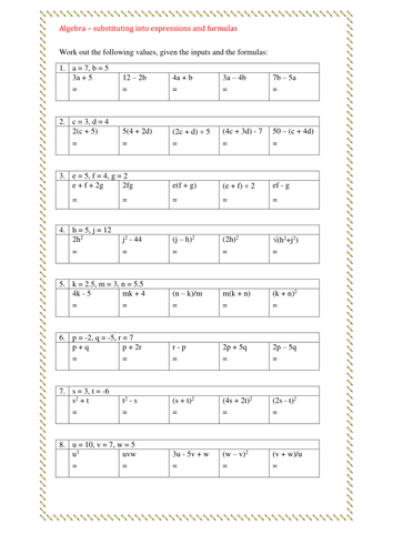 Maths KS3 and KS4 - substituting into formulas. Clear presentation with ...