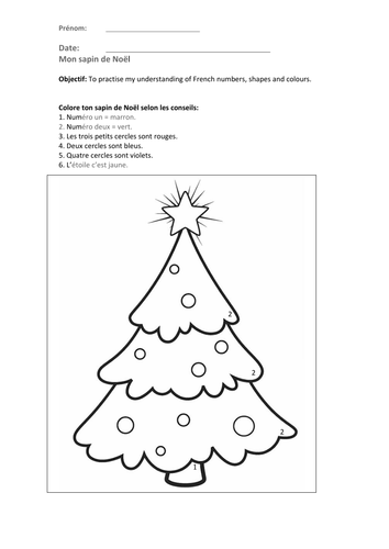 Worksheet - Snowman and Christmas tree - Colouring according to French ...