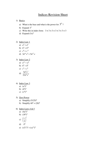 Indices Revision | Teaching Resources