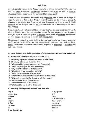 NEW AQA GCSE French 'All about my school' reading exercises | Teaching ...