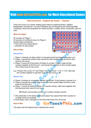 Factor Game: Capture the Factor or Taxman or Think & Cover | Teaching ...