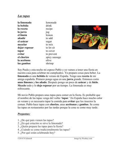 Las tapas Lectura Cultural ~ Spanish Reading | Teaching Resources
