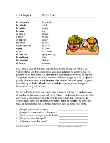 Las tapas Lectura Cultural ~ Spanish Reading | Teaching Resources