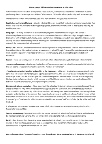 Ethnicity and Education notes AS Sociology | Teaching Resources