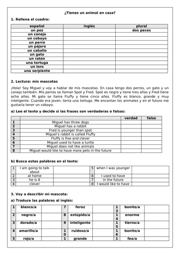 Spanish KS3 Pets / Mascotas / Animales - Reading & Translation ...