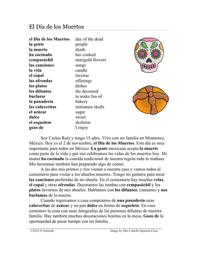 El día de los muertos Lectura Cultural ~ Day of the Dead Spanish ...
