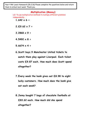 Money Multiplication Year 4 | Teaching Resources