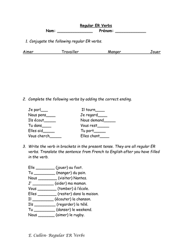 Regular ER Verbs Worksheet | Teaching Resources