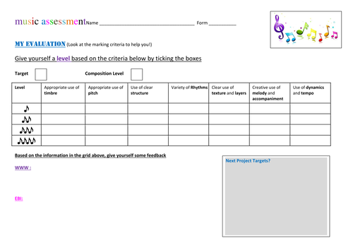 Self Assessment and Peer assessment composition sheet | Teaching Resources