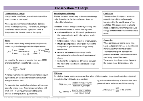 Conservation of Energy Revision Sheet (new AQA) | Teaching Resources Conservation of Energy Revision Sheet (new AQA) | Teaching Resources