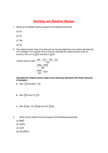 C4.1 - Relative Masses and Moles | Teaching Resources
