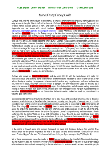 ENGLISH KS3 and GCSE Of Mice and Men- Curley's wife model essay ...