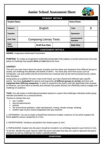 Protest Poetry - Assessment handout | Teaching Resources