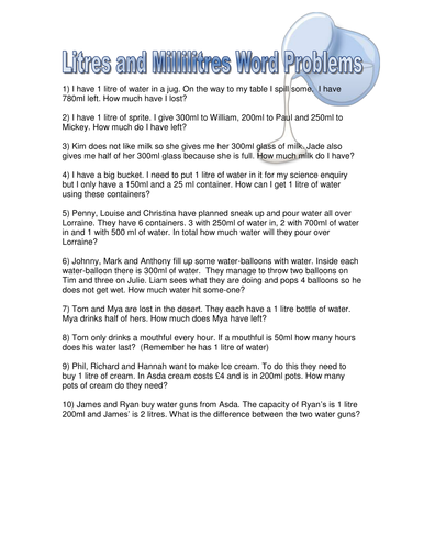 Capacity word problems | Teaching Resources