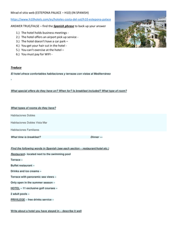 BOOKING HOLIDAYS/HOTEL DESCRIPTIONS | Teaching Resources