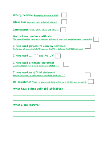 Newspaper report Bank robbery | Teaching Resources