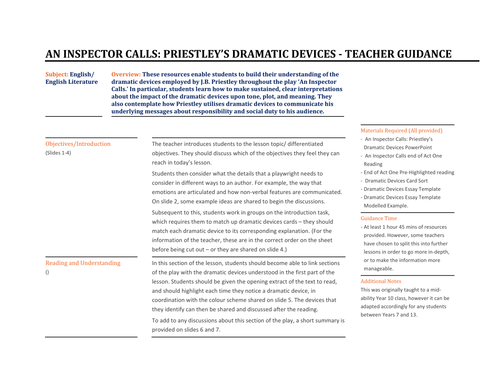 An Inspector Calls: Priestley's Dramatic Devices | Teaching Resources