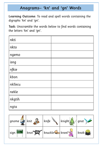 'gn' and 'kn' Digraphs Worksheets | Teaching Resources