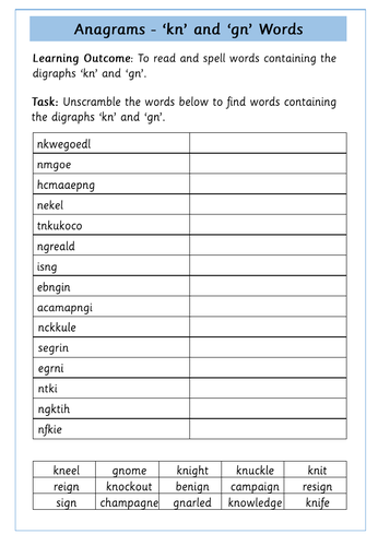 'gn' and 'kn' Digraphs Worksheets | Teaching Resources