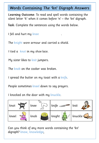 'gn' and 'kn' Digraphs Worksheets | Teaching Resources