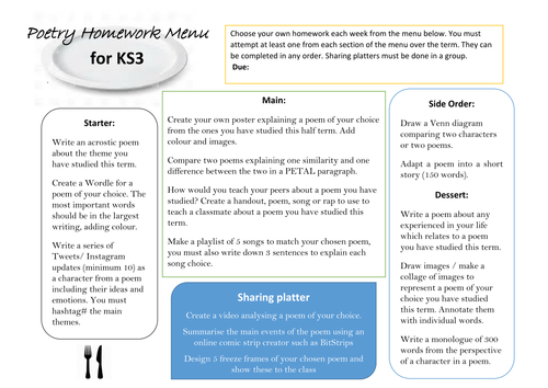 Homework menu KS3 Poetry | Teaching Resources
