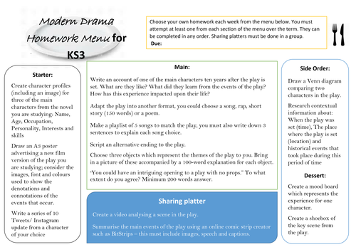 Homework menu modern Drama / play KS3 KS4 | Teaching Resources
