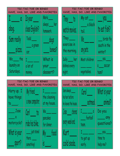 Have, Has, Do, Like and Favorites Tic-Tac-Toe or Bingo | Teaching Resources