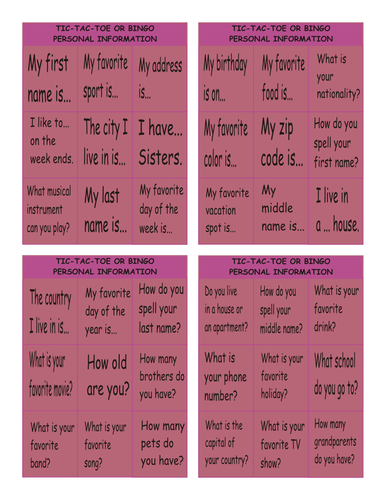 Personal Information Tic-Tac-Toe or Bingo | Teaching Resources