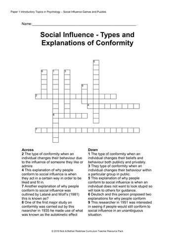 Activity - Crossword - Social Influence Week 1- Types and Explanations ...