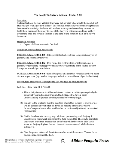 The People vs. Andrew Jackson Mock Trial | Teaching Resources